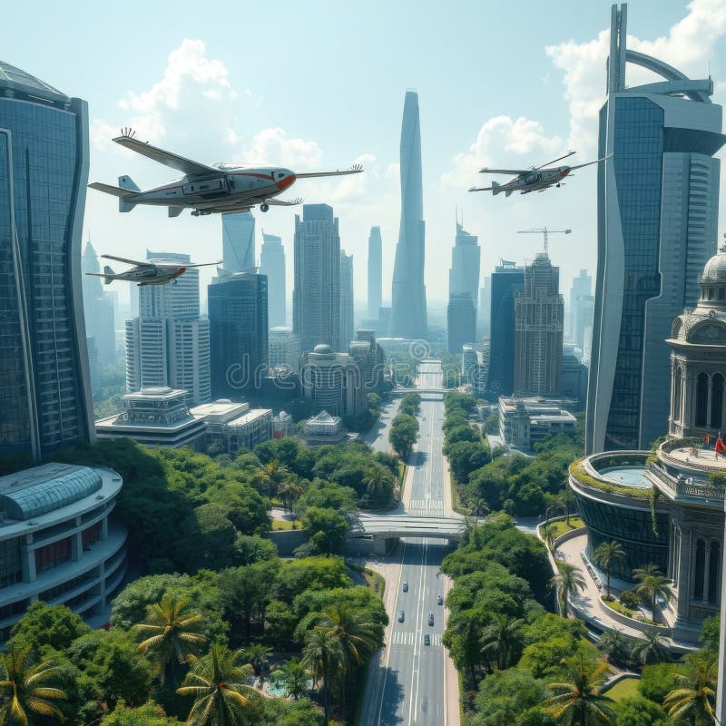 The City of the Future, Different Plants, Flying Cars Stock ...