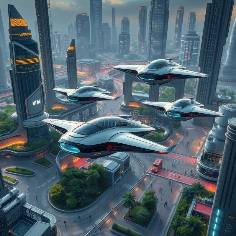 The City of the Future, Different Plants, Flying Cars Stock ...