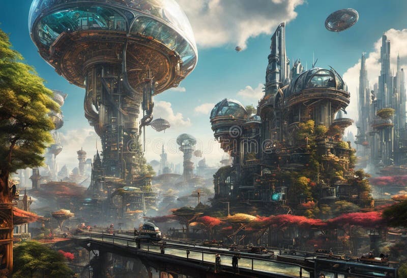 City, with Futuristic Architecture and Hovering Objects in the Sky, AI ...