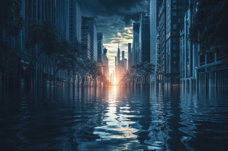 A City Half Submerged in Water after a Great Flood Stock Illustration - Illustration of survival ...