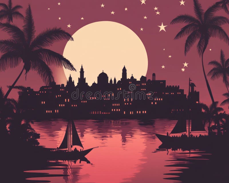 City Harbor with Boats Palm Trees on Garnet Background Stock ...