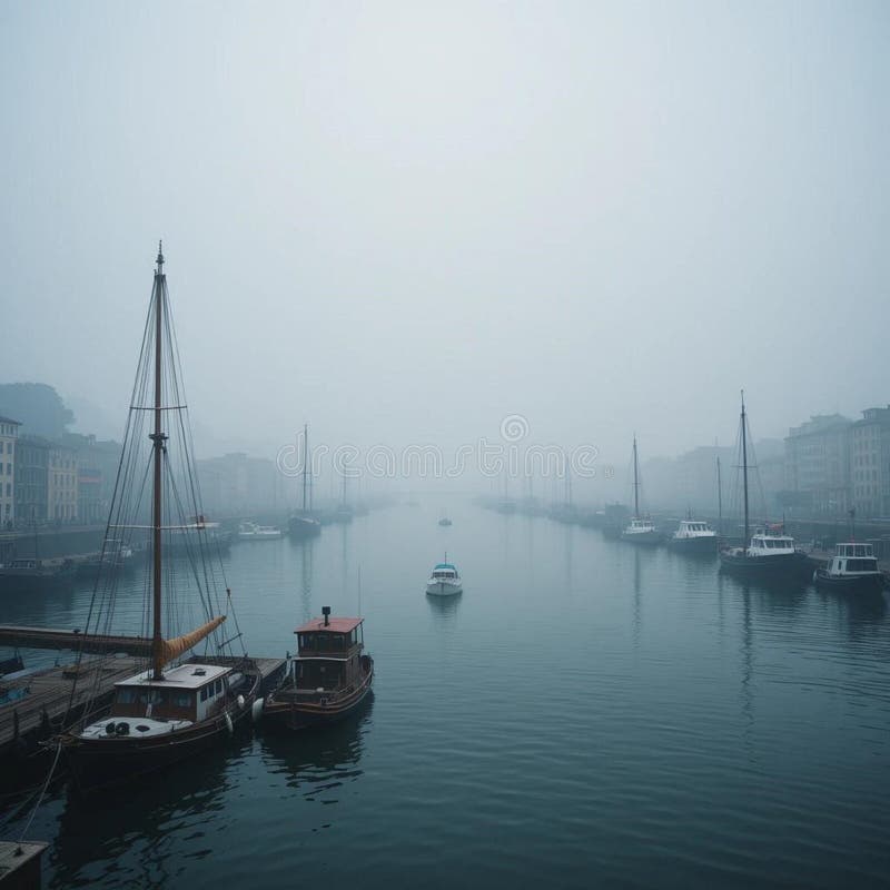 A City Harbor Shrouded in Mist with Boats Barely Visible Stock ...