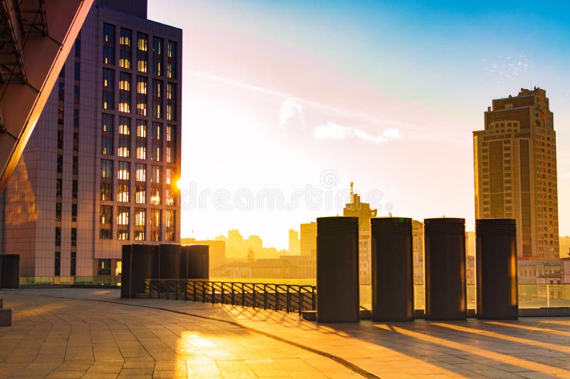 City High Buildings in Sunset Stock Photo - Image of grey, industry ...