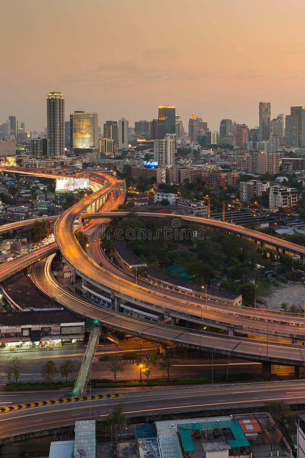 City and Highway Intersection with Sunset Sky Background Stock Image ...