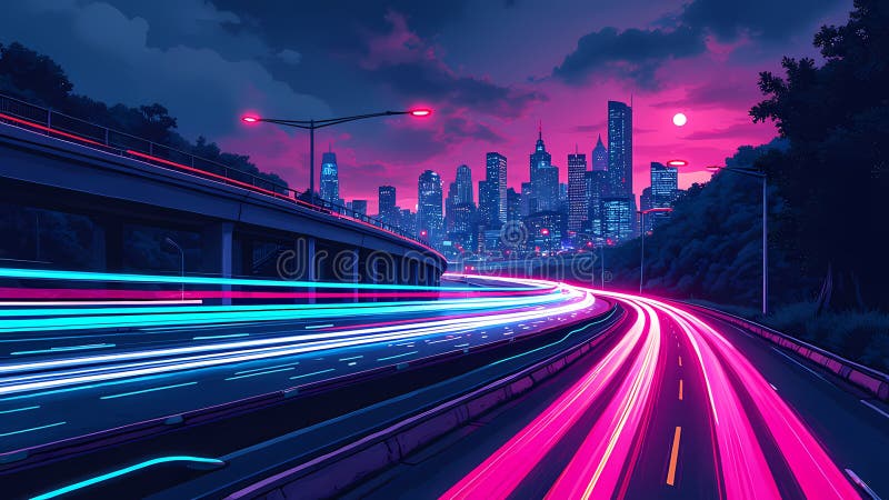 City Highway at Night with Dynamic Light Trails Stock Image - Image of ...