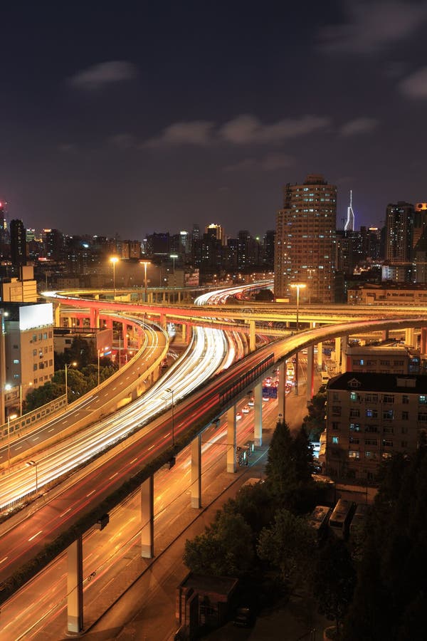 City Highway Overpass at Night Stock Photo - Image of shanghai, aerial ...