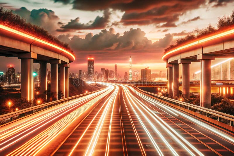 City Highway Sunset Traffic Illuminated Overpass Stock Illustration ...