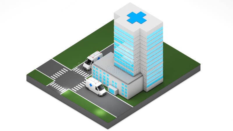 City Hospital and Ambulance in Isometric View.,3D Rendering Stock ...