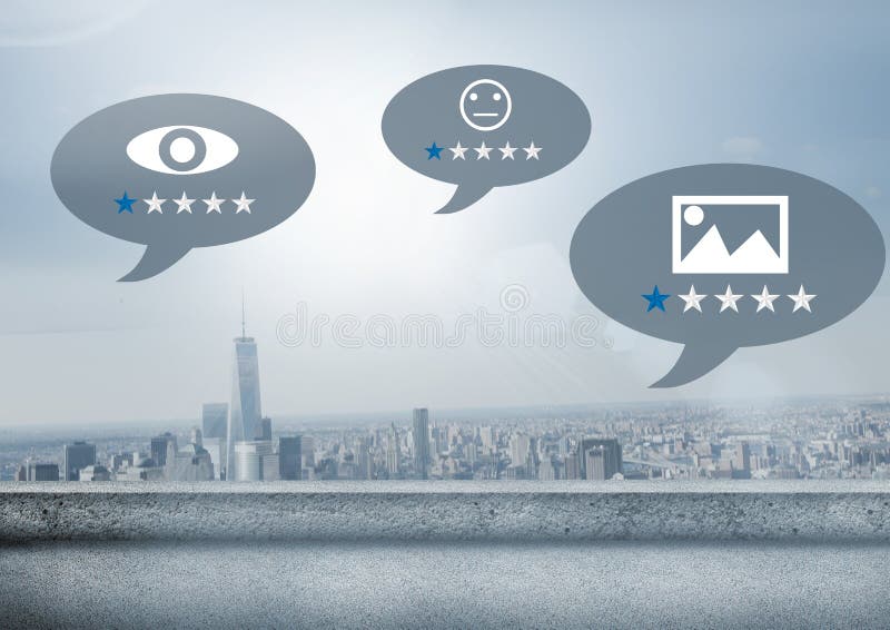 City with Icons Ratings in Chat Bubbles Stock Illustration ...