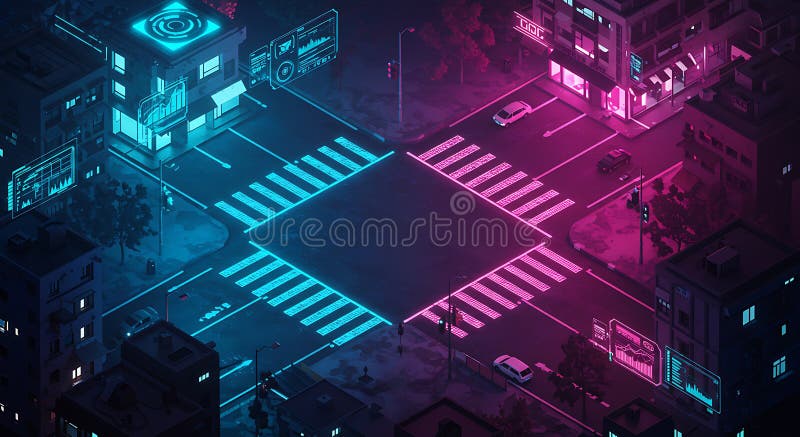City Intersection with Glowing Neon Lights and Data Overlays at Night ...