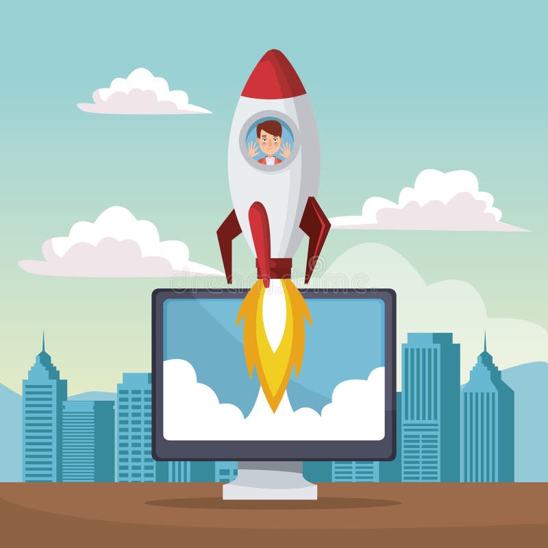 City Landscape Background Star Up Business Man Inside To Rocket on ...