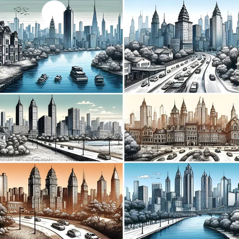 City Landscape in Different Styles. Stock Illustration - Illustration ...