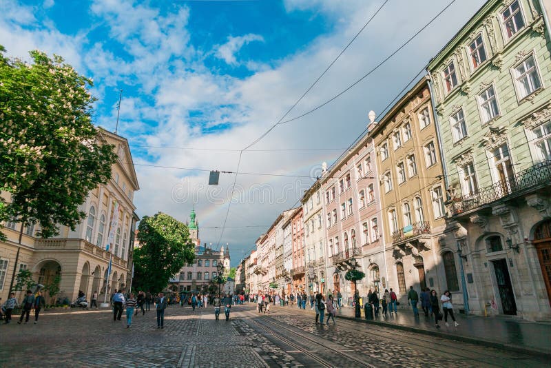 City Landscape of Lviv with Rainbow after Rain Editorial Stock Image ...