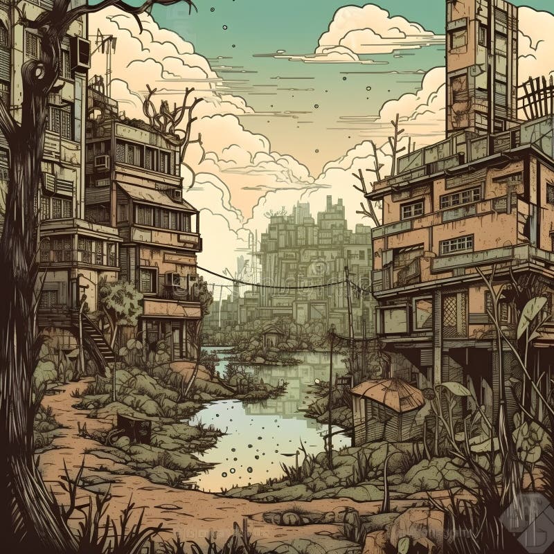 City Landscape with River and Houses, Retro Style, Vector Illustration ...