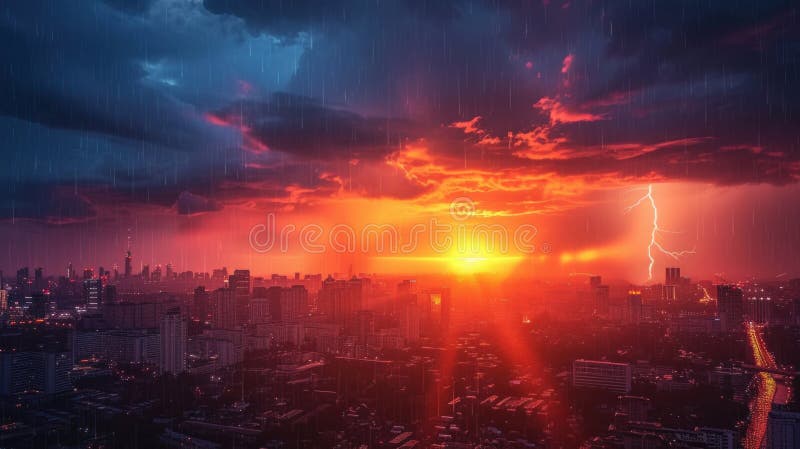 City Landscape at Sunset with Overcast Clouds, Rain and Lightning ...