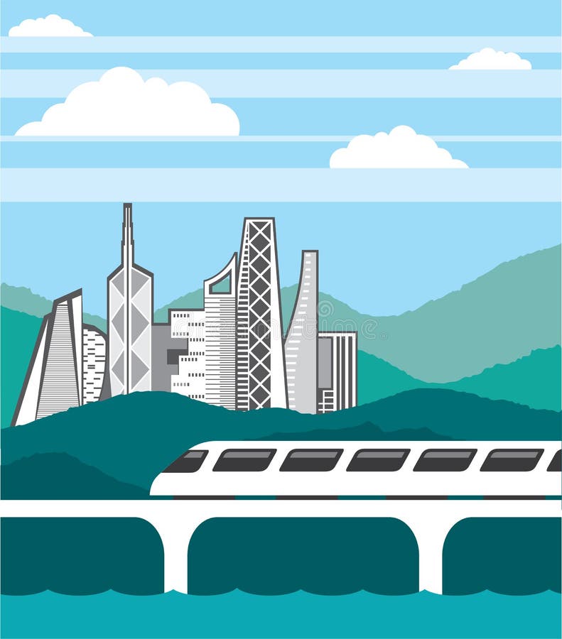 City Landscape Train Bridge Vector Stock Vector - Illustration of move ...