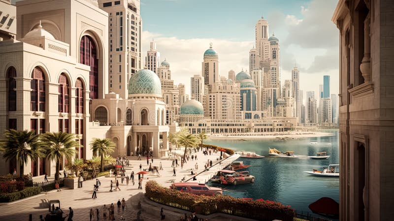 A City with a Large Building and a Large Crowd of People Stock Photo ...