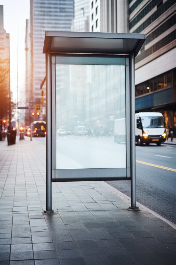 City Life with Blank Bus Stop Ad and Walking Man Stock Photo - Image of ...