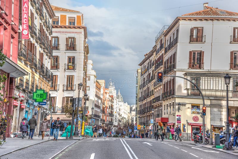 City Life in Downtown Madrid Under a Grey Sky Editorial Stock Photo ...