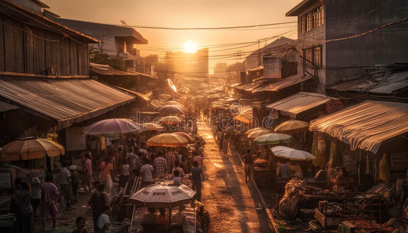 City Life at Dusk, Crowded Bar Scene Generated by AI Stock Illustration ...