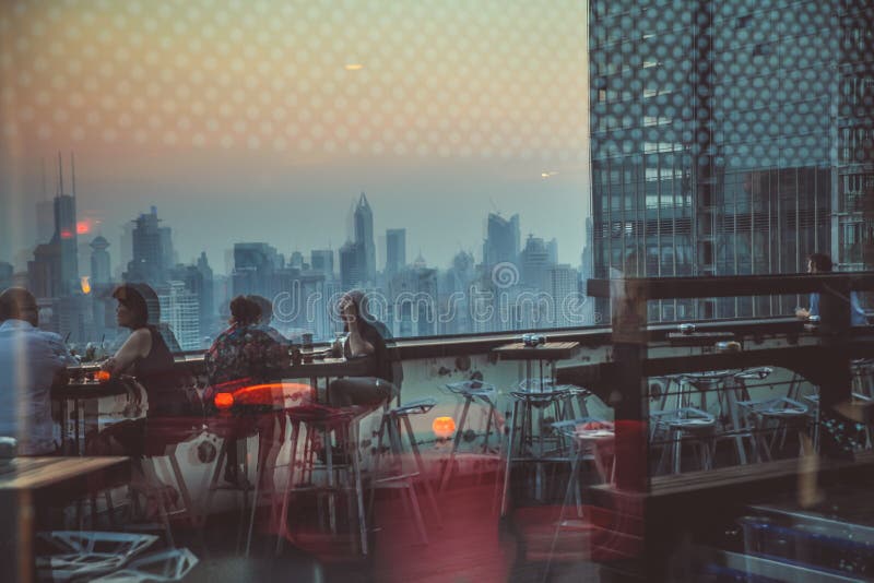 City Life Glass Window Reflection. People in Restaurant Editorial Image ...
