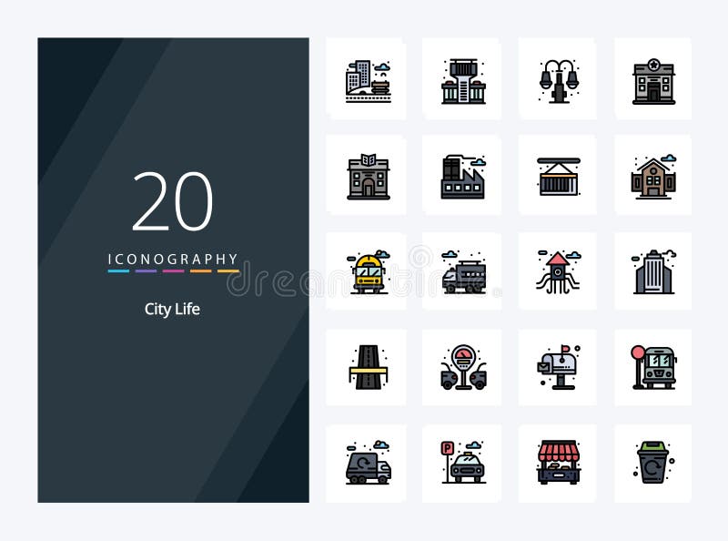 20 City Life Line Filled Icon for Presentation Stock Vector ...