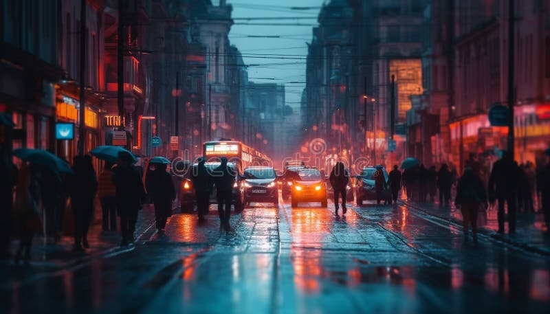City Life in Motion, Rain and Traffic Generated by AI Stock Photo ...