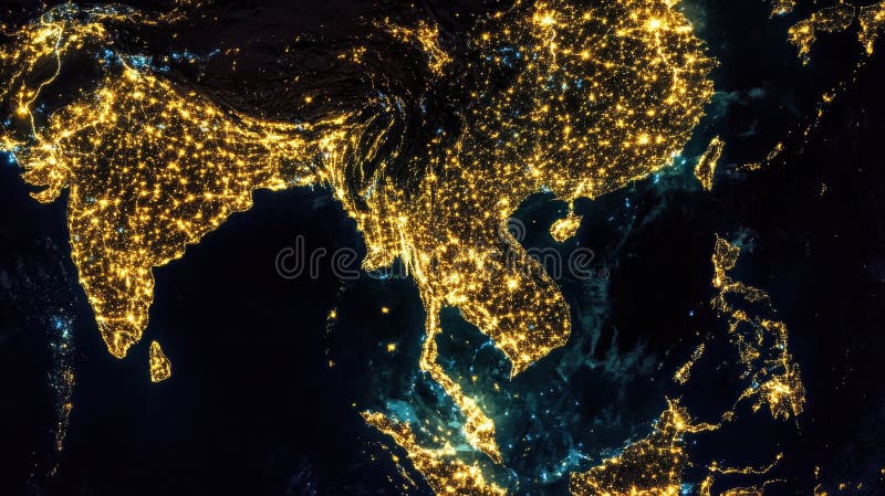 City Lights of Asia Visible from Space at Night Stock Illustration ...