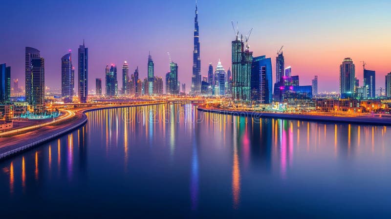 City Lights and Dubai Skyline with Light Rail. Stock Image - Image of ...