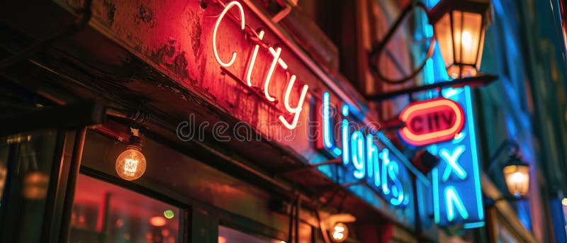 City Lights Illuminated in a Retro Neon Sign Stock Illustration ...