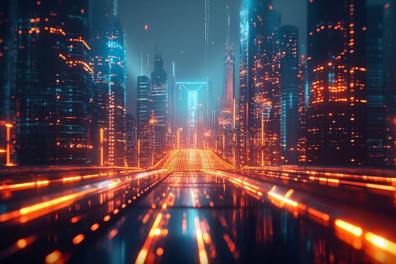 City Lights, Internet and Network Infrastructure. a Night Time ...