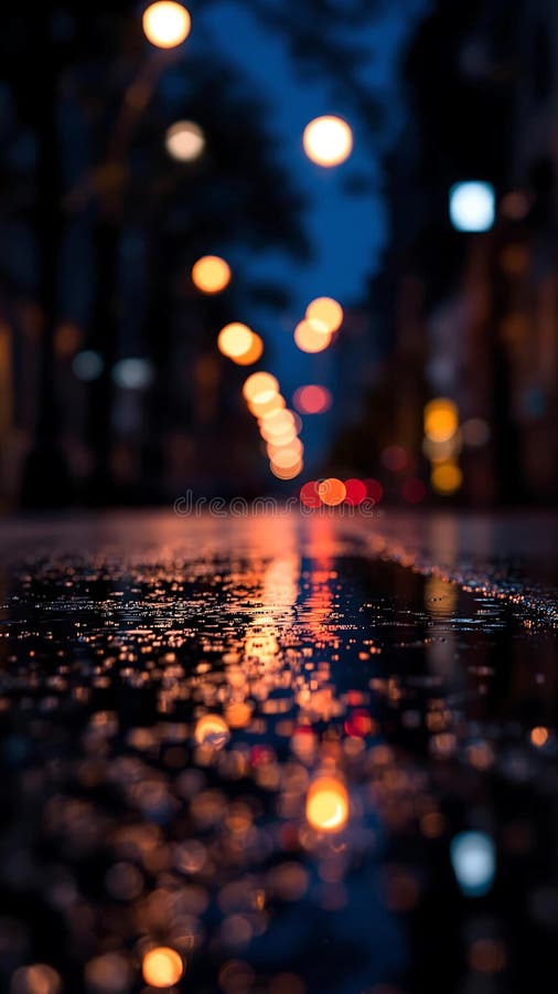 City Lights Reflected in a Rain Puddle on the Street at Night ...