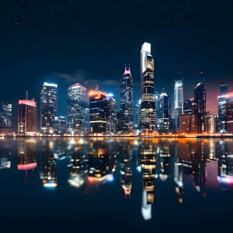 City Lights Reflected: Skyscrapers and Nighttime Skyline by the Water ...