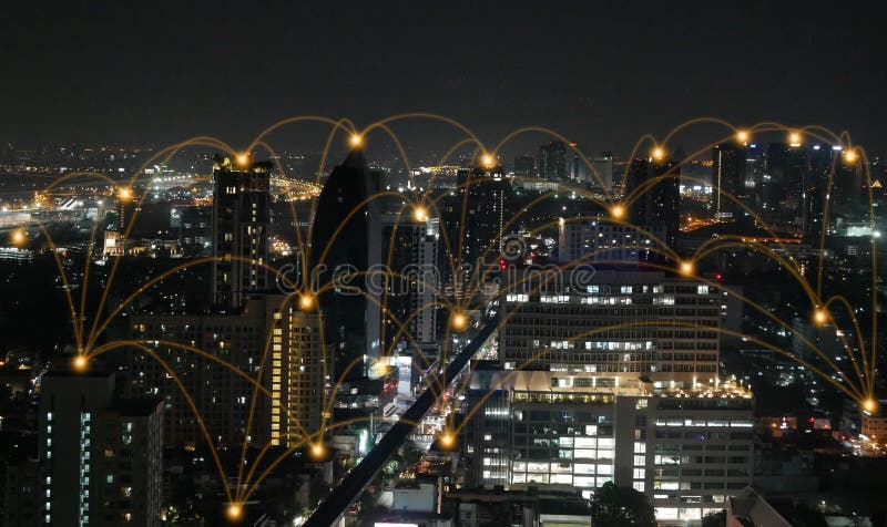 A City with Lines Connecting Everyone and Everywhere. Wireless Network ...