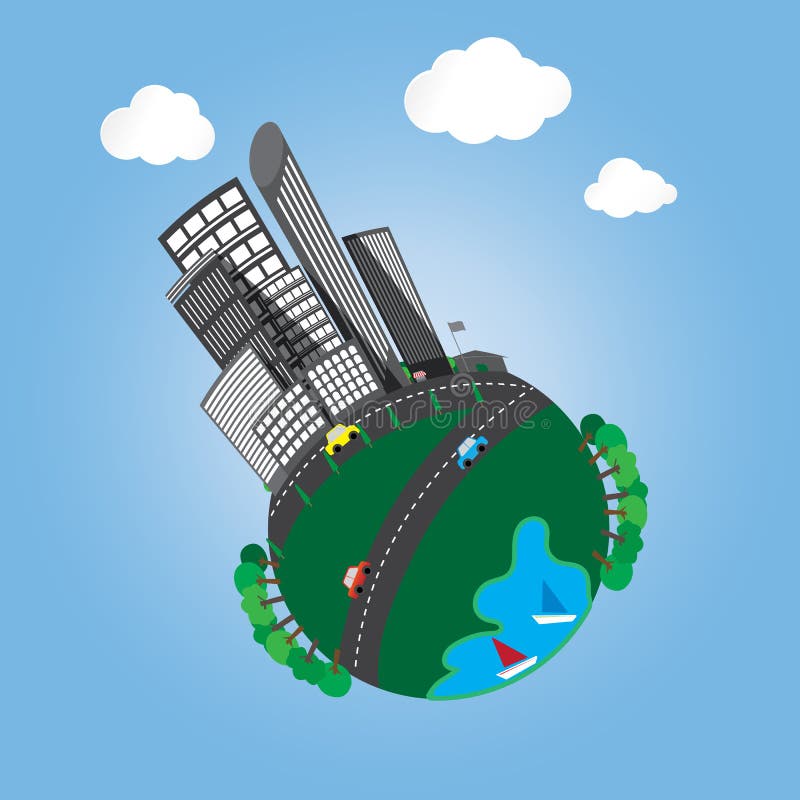 City of Little Planet with Green Tree Stock Vector - Illustration of ...