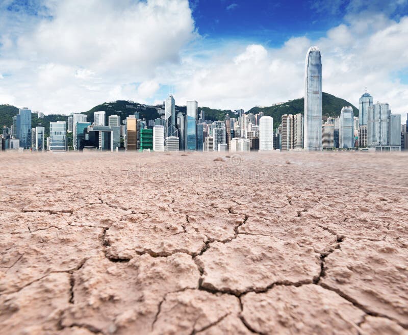 A City Looks Over a Cracked Earth Landscape Stock Illustration ...