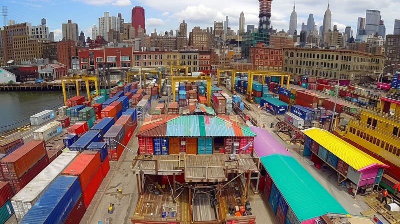A City with a Lot of Buildings and a Lot of Cargo Containers Stock ...