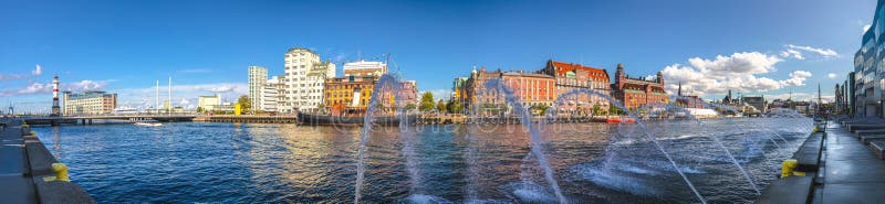 City of Malmo Waterfront and Lighthouse Panoramic View Stock Image ...