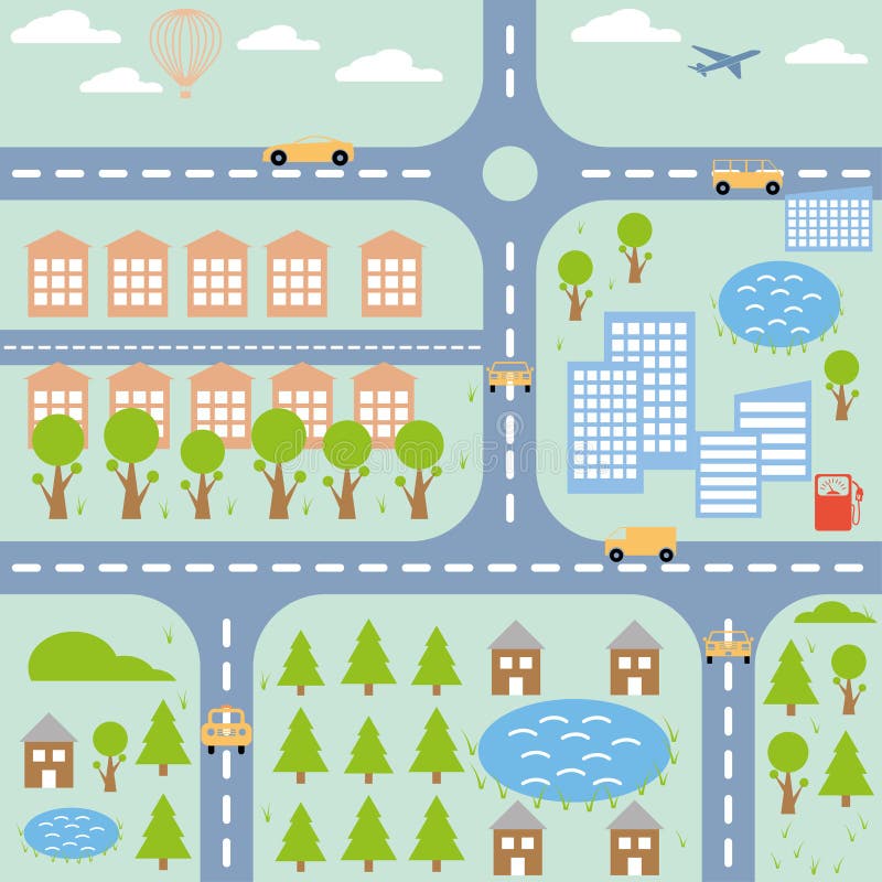 Colorful cartoon city map stock vector. Illustration of exterior - 30417789