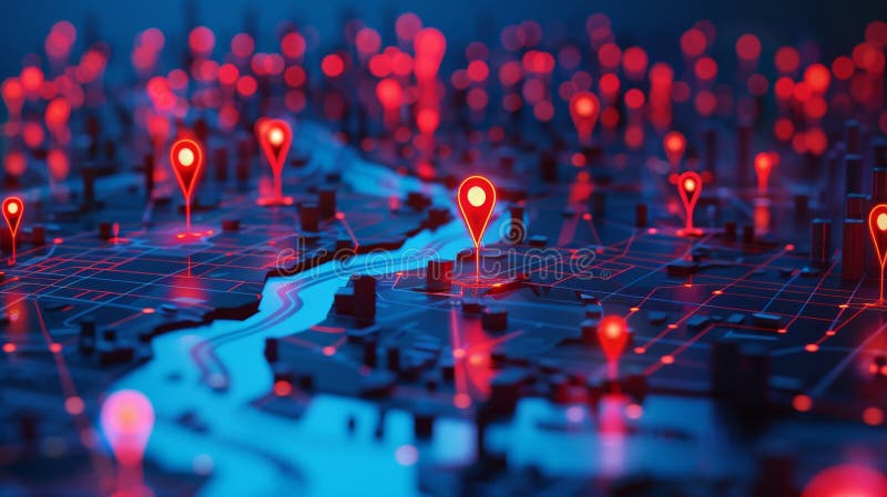 City Map with Glowing Location Pins - Generative AI Stock Image - Image ...