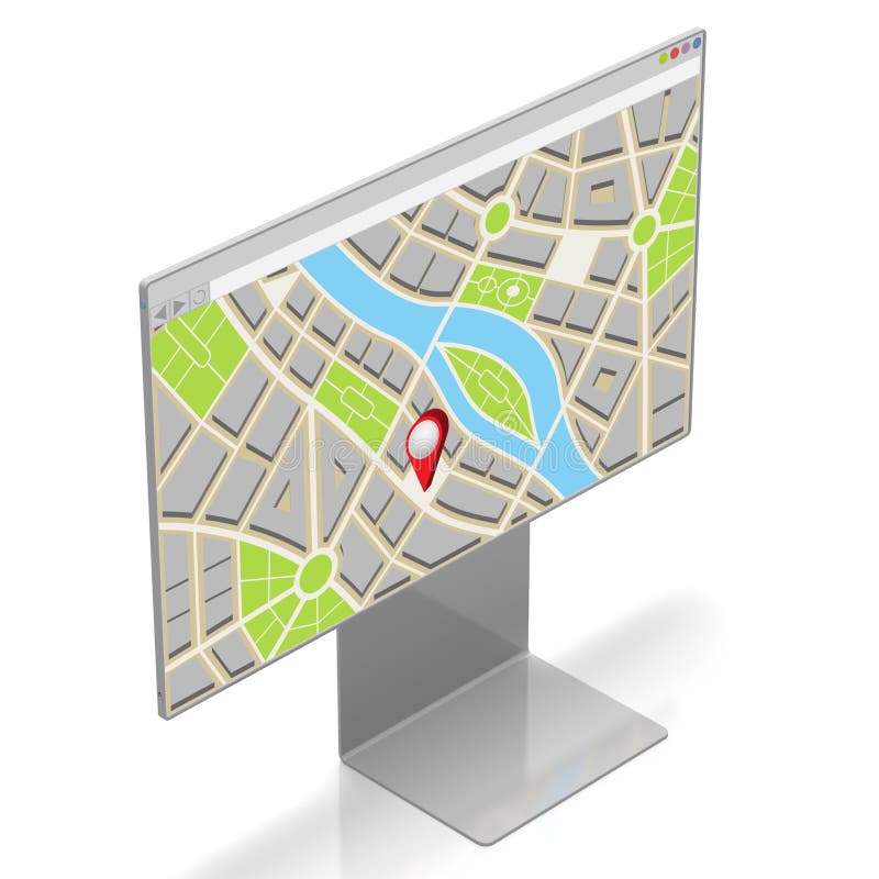 City Map with Location Pin on Computer Monitor Stock Illustration ...