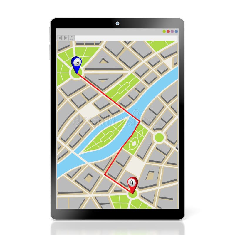 City Map with Market Route by Two Pins on a Tablet Stock Illustration ...