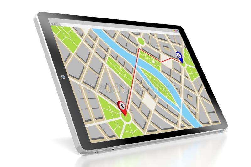 3D Tablet, Map - Route/ Distance Concept Stock Illustration ...