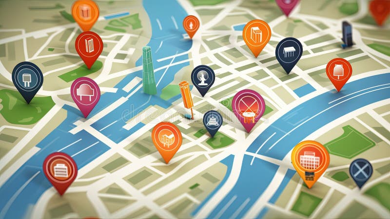 City Map and Pins with Icons. Concept of Navigation or Gps. Gene Stock ...