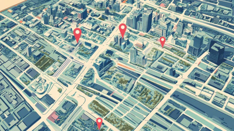 City Map with Pins Marking Notable Locations for Exploration Stock ...