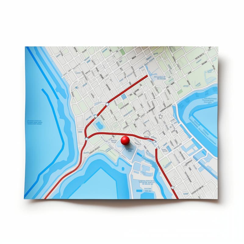 City Map with Red Route and Blue Water Features Stock Illustration ...