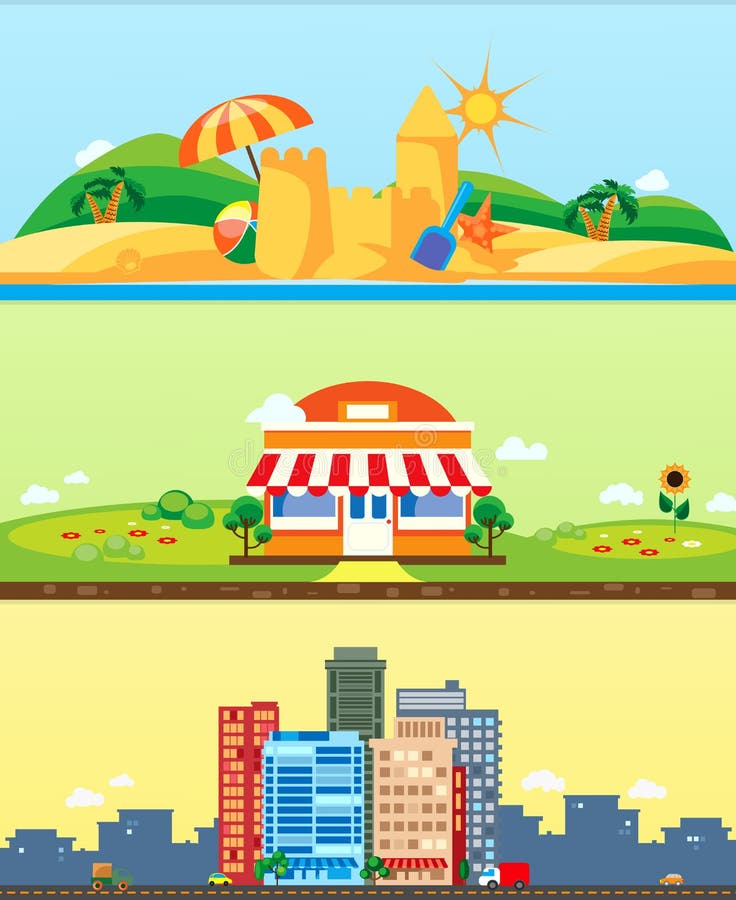 City, Market, Beach, Vector Flat Design Stock Vector - Illustration of ...