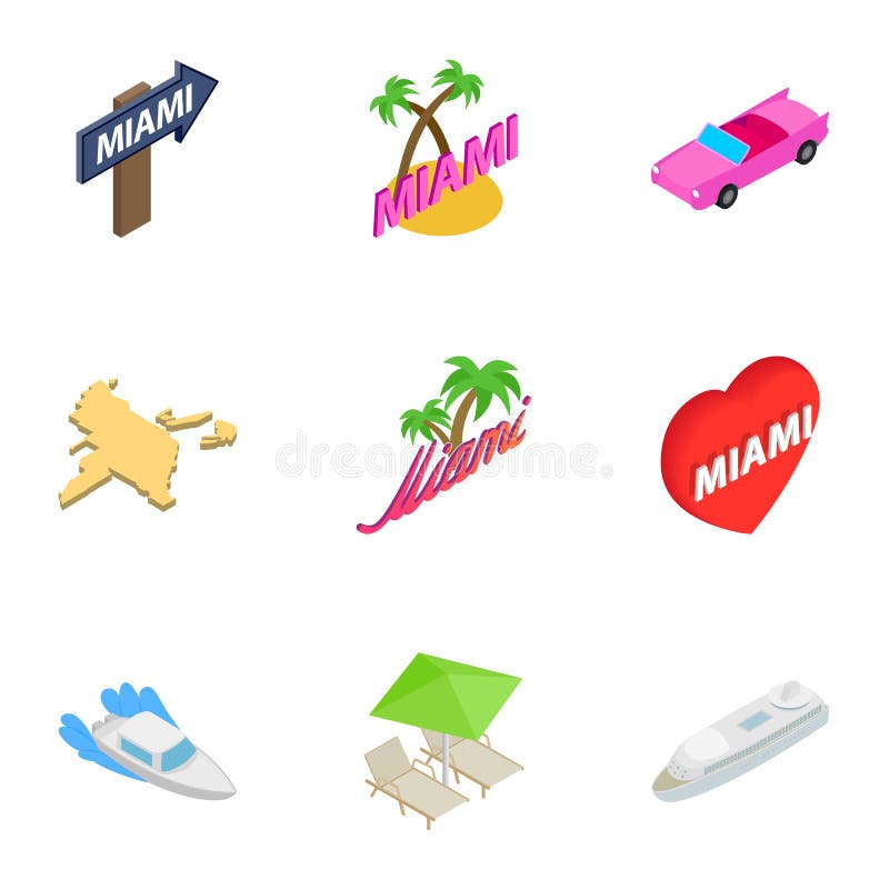 City Miami Icons Set, Isometric 3d Style Stock Vector - Illustration of ...