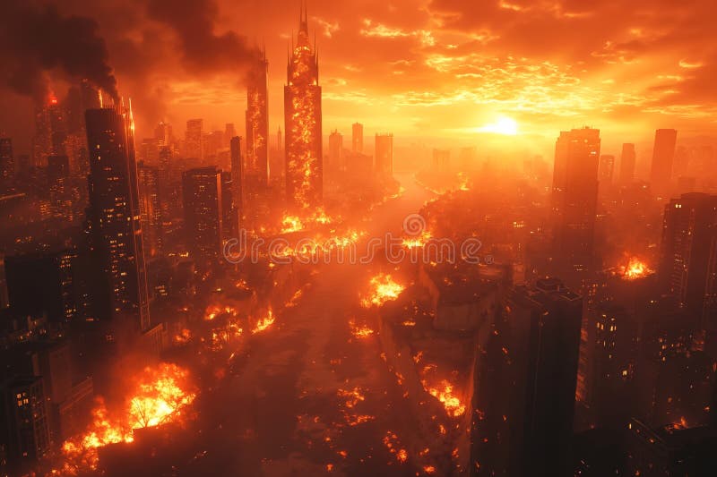 A City in the Middle of a City on Fire at Sunset Stock Illustration ...