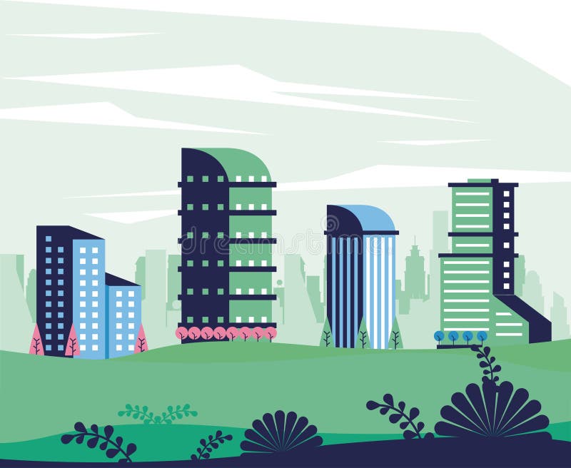 Minimal Cityscape. Flat Geometric Background with Buildings Leaves ...